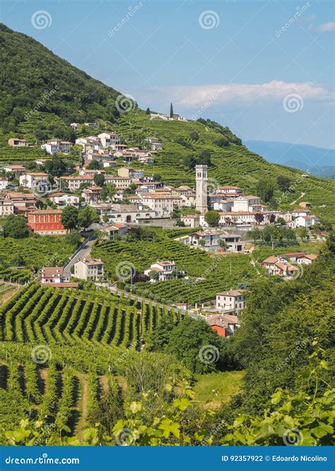 Valdobbiadene Town And Prosecco Vineyards In Veneto Stock Photo Image Of Green Panorama 92357922