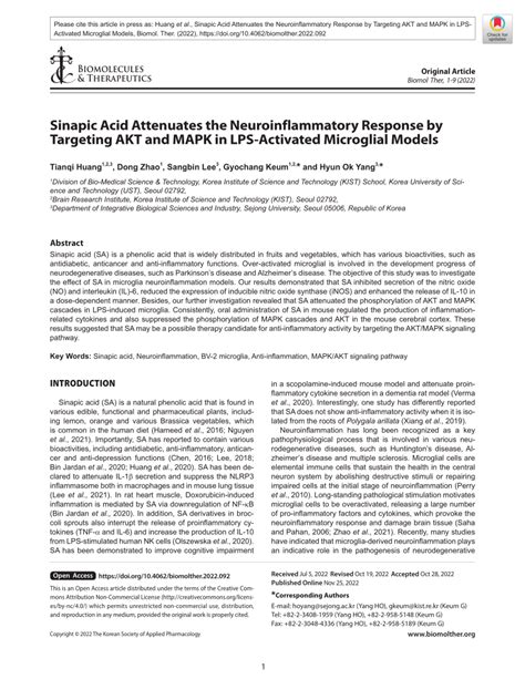 PDF Sinapic Acid Attenuates The Neuroinflammatory Response By