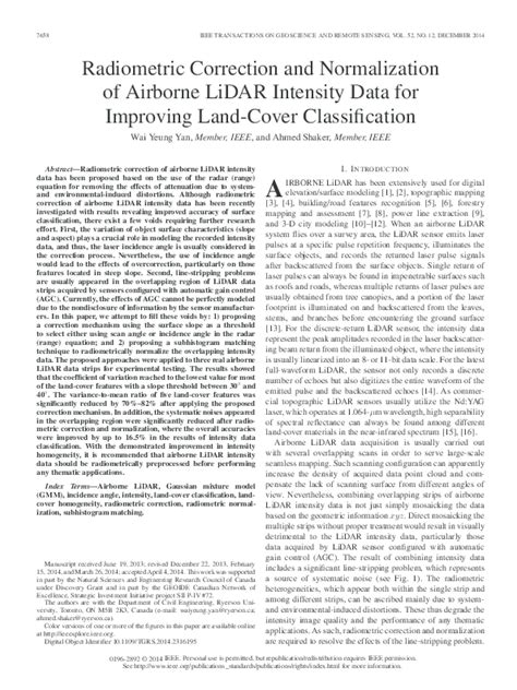 Pdf Radiometric Correction And Normalization Of Airborne Lidar Intensity Data For Improving