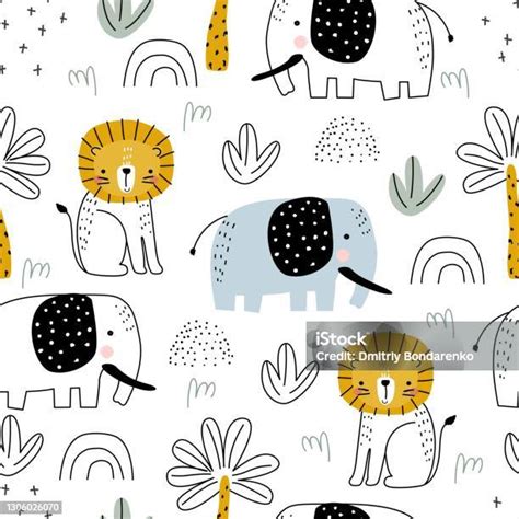 하얀 배경에 사자 새끼와 푸른 코끼리 선인장과 야자수가있는 원활한 사파리 패턴 포장 용지 직물 엽서 의류에 인쇄하기위한 벡터