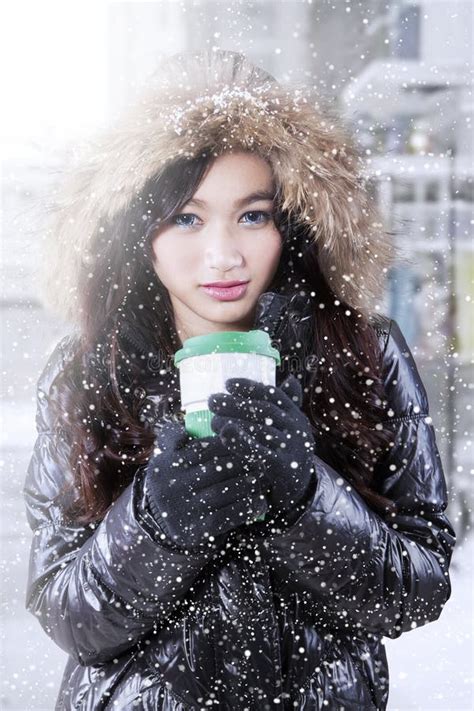 Girl Enjoy Hot Drink While Wearing Winter Jacket Stock Image Image Of