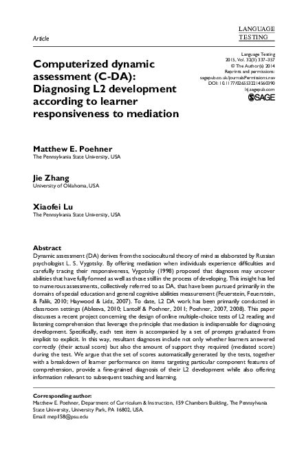 Pdf Computerized Dynamic Assessment C Da Diagnosing L2 Development