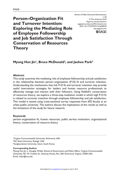 Pdf Person Organization Fit And Turnover Intention Exploring The Mediating Role Of Employee