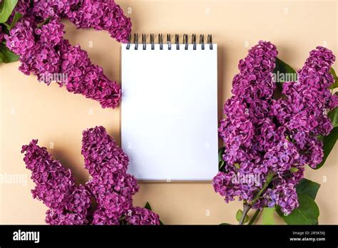 notebook with clean page with spring purple lilac flowers on orange background flat lay style