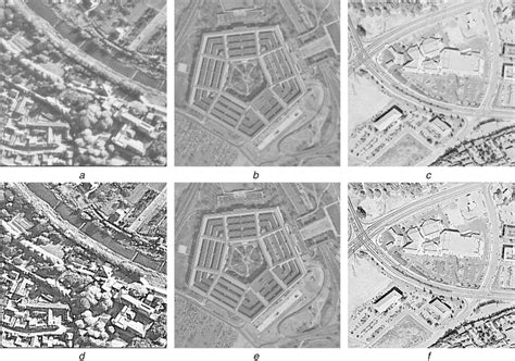 enhancement results on aerial images a b c original images d e