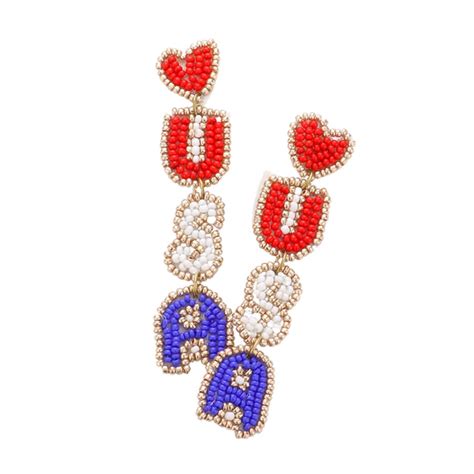 Usa Red White And Blue Seed Beaded Heart Dangle Earrings Pair