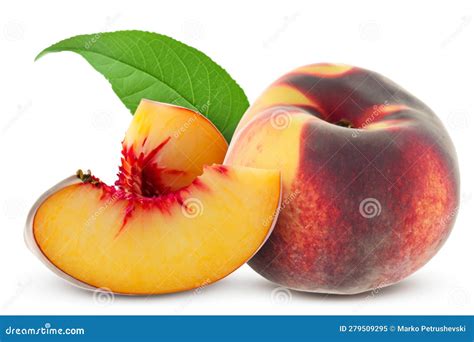 Fresh Peach Slice And Whole With Leaves Isolated On White Background