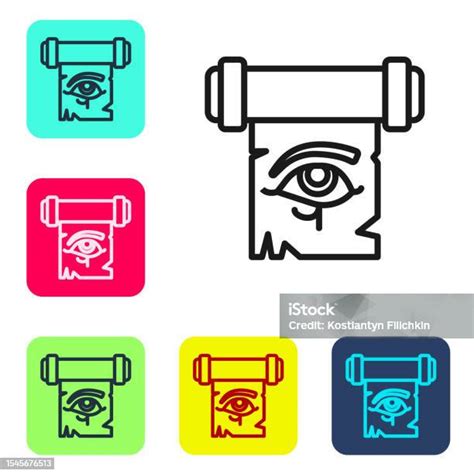 파피루스 두루마리 아이콘에 있는 검은 선 호루스의 눈은 흰색 배경에 분리되어 있다 양피지 고대 이집트의 상징 색상 사각형 버튼으로 아이콘을 설정합니다 벡터 검은색에 대한