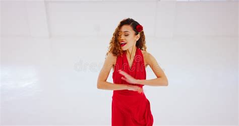Salsa Dancer Ballroom Performance And Woman In Red Dress Dancing With