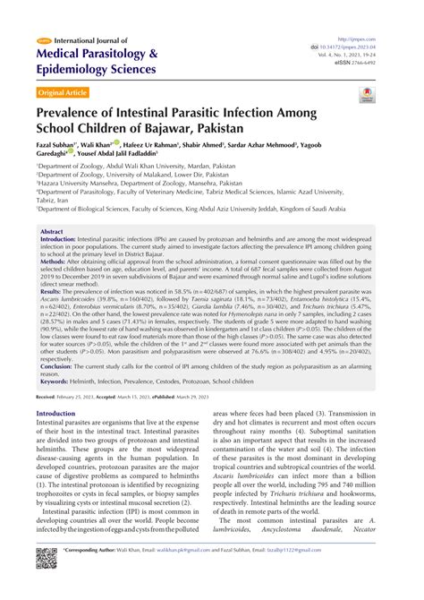 Pdf Prevalence Of Intestinal Parasitic Infection Among School