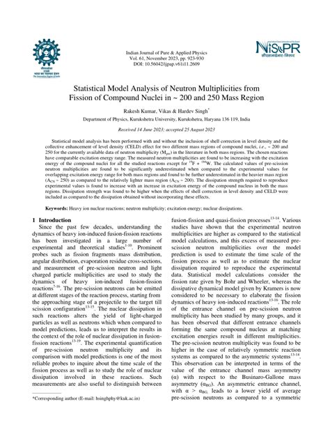 Pdf Statistical Model Analysis Of Neutron Multiplicities From Fission Of Compound Nuclei In