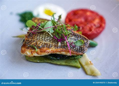Black Sea Bass With Slow Roasted Tomato And Summer Beans Stock Image