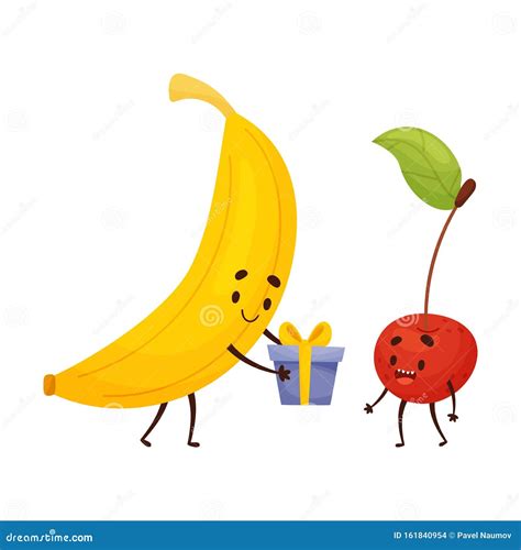 Humanized Banana Gives A T To A Cherry Vector Illustration Stock