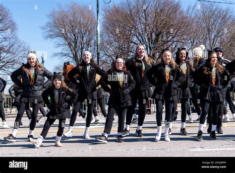 Girls With The Trinity Irish Dancers Dance For The Crowd During The St