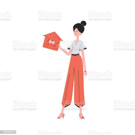 그 여인은 완전히 성장하여 손에 집의 아이콘을 들고 묘사됩니다 사물 인터넷 및 자동화 개념 플랫 스타일의 벡터