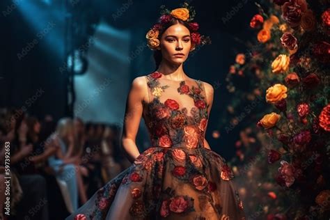 A Model Girl Walks Down The Runway In A Dress With A Floral Pattern At A Fashion Show Generative