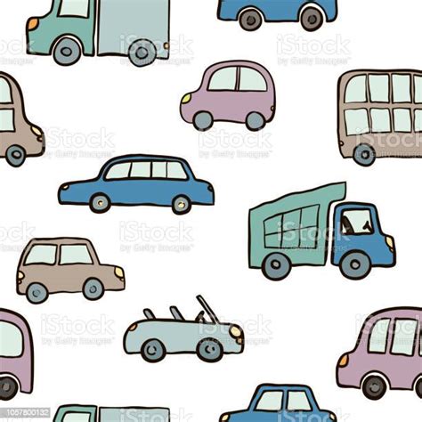 손의 원활한 패턴 그린 아이 디자인에 대 한 귀여운 만화 자동차 벡터 일러스트 레이 션 포장 패키지 포스터 웹 디자인 아이 직물 섬유 보육 벽지 만화 자동차 트럭 버스의