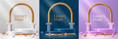 연단 배경입니다 3d 블랙 럭셔리 제품 전시 무대 흰색 또는 황금색 실린더 플랫폼 고 대 기둥 아치 광택 있는 구체 금박 우아한 스탠드 벡터 디스플레이 플랫폼 세트 0명에