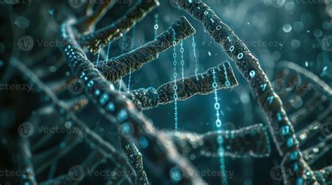 intricate close up of dna strands with binary code flowing symbolizing