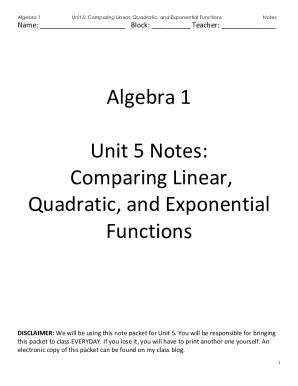 Fillable Online Algebra Unit Notes Comparing Linear Quadratic