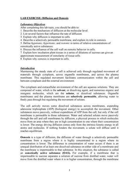Diffusion And Osmosis Practical Introduction And Procedures LAB EXERCISE Diffusion And