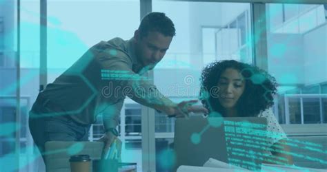 Man And Woman Collaborating At Office Desk With Digital Data Overlay Animation Stock Footage