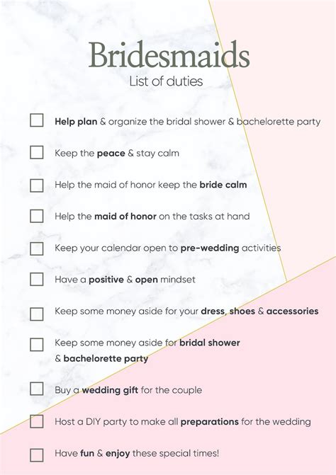 Bridesmaid Duties Pink Checklist Printable To Do List And Etsy