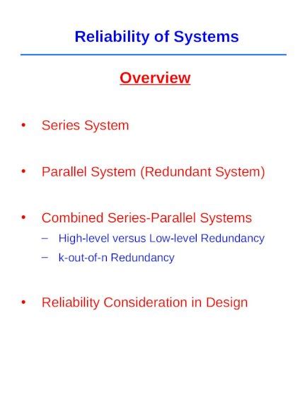 PPT Reliability Of Systems Overview Series System Parallel System Redundant System Combined