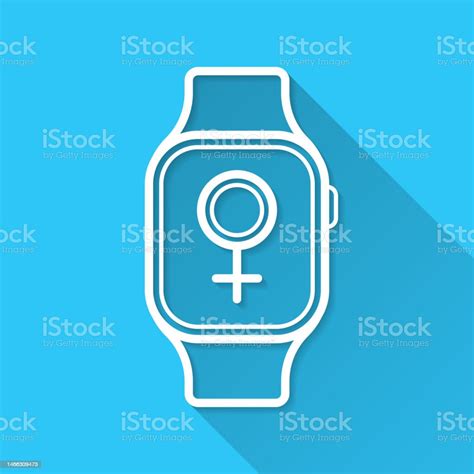 여성 기호가 있는 스마트워치 파란색 배경에 아이콘 긴 그림자가 있는 평면 디자인 0명에 대한 스톡 벡터 아트 및 기타 이미지