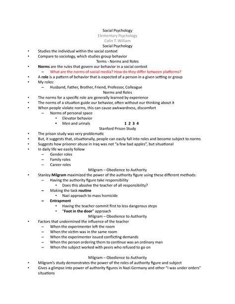 Psych Class Lecture Notes Social Psychology Elementary Psychology Colin T William