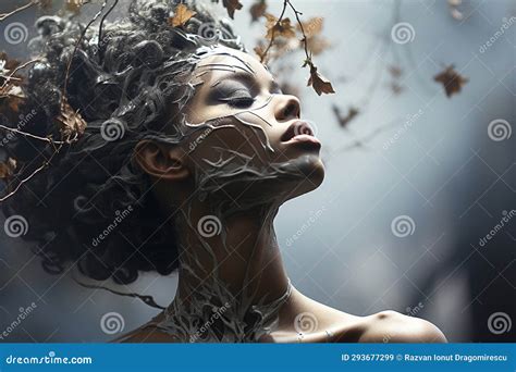 Female With Empty Tree Branches Sprouting From Her Head Symbolizing A Metaphor For