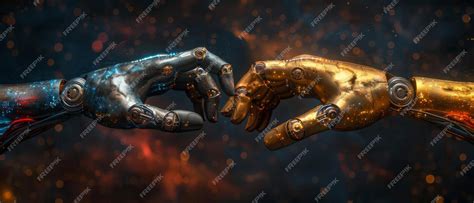 Premium Photo Ai Machine Learning Human And Robot Hands Touching Big