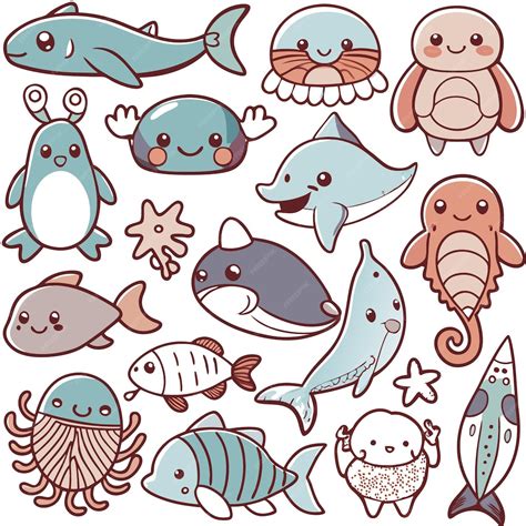 Creaturas Marinas De Dibujos Animados Con Una Variedad De Colores Y
