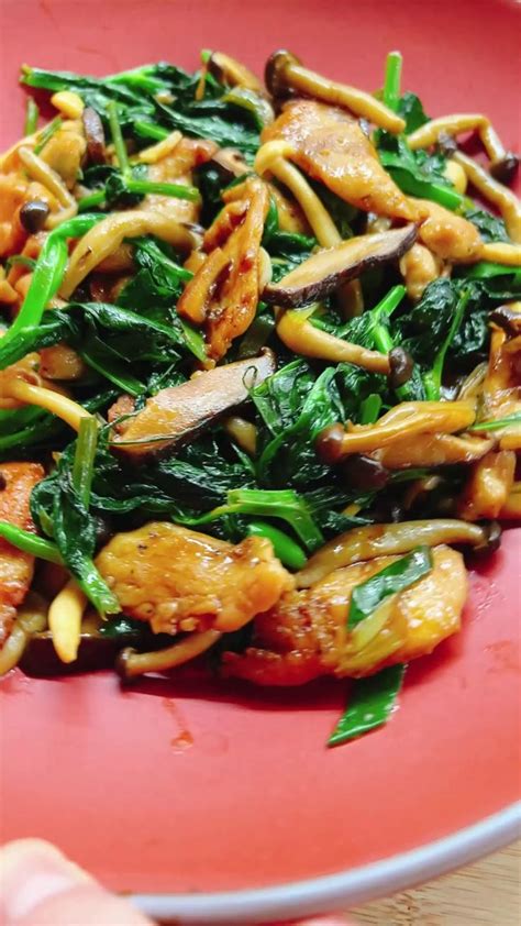 Oyster Sauce Chicken Stir Fry With Snow Pea Leaves And Shiitake