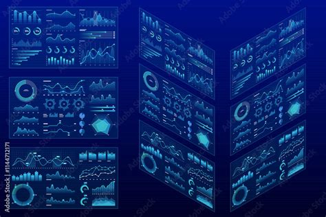 Isometric Futuristic Digital Dashboards Featuring Multiple Data