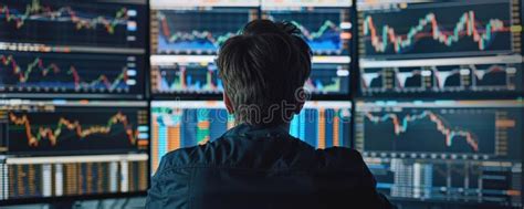 A Financial Analyst Monitors Multiple Trading Charts On Several Computer Screens In A Dimly Lit