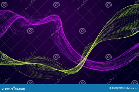 Dynamic Particles Mutual Sound Wave Flowing Over Dark Dotted Double Curves Vector Abstract