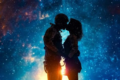 Astronaut Couple Kissing On The Background Of The Night Sky 30491215