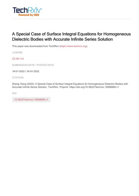 Pdf A Special Case Of Surface Integral Equations For Homogeneous Dielectric Bodies With
