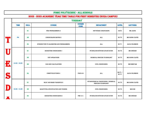 ALL Engineering Sem Timetable BUEA TIME HALL COURSE COURSE CODE
