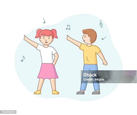 댄스 파티 개념 함께 춤추는 남자와 여자 다른 댄스 포즈에서 만족 커플 노트 인포 그래픽댄스 파티를 즐기는 캐릭터 만화 선형 윤곽선 플랫 벡터 일러스트레이션 Dj에 대한