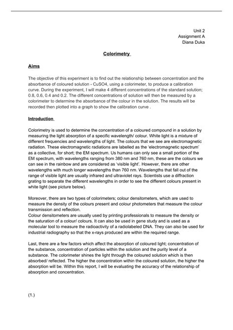 Btec Applied Science Unit 2 Assignment A Colorimetry Unit 2