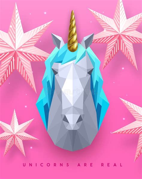 3D Polygon Paper Unicorn Head With Golden Horn On Rainbow Background