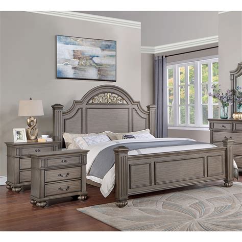 Foa Damos 3 Piece Gray Solid Wood Panel Bedroom Set King 2 Nightstands Bush Furniture