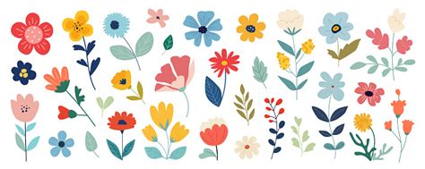 꽃 메가 플랫 그래픽 디자인으로 설정되었습니다 추상적인 초원 야생화 데이지 카모마일 장미 녹색 덤불 나뭇가지 야생의 다채로운