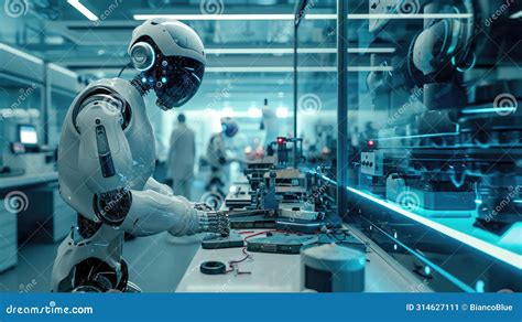 a high tech robotics lab engineers working on advanced ai machines