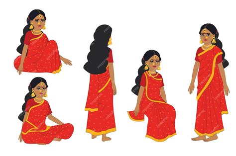 Premium Vector Indian Queen Woman With Red Saree Cartoon Character