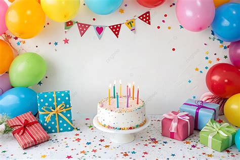 색종이 풍선과 케이크가있는 다채로운 생일 국경 생일 테두리 축제 테마 파티 장식 배경 일러스트 및 사진 무료 다운로드 Pngtree