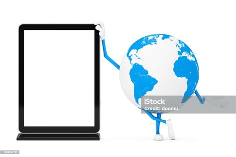 빈 무역 쇼 Lcd 화면 스탠드와 지구 글로브 캐릭터 마스코트는 당신의 디자인을위한 템플릿으로 스탠드 3d 렌더링 0명에 대한