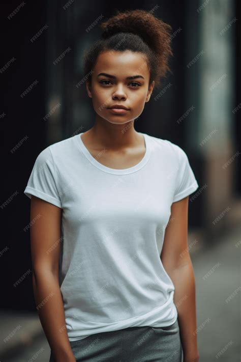 Premium Ai Image A Woman In A White T Shirt Stands In The Street